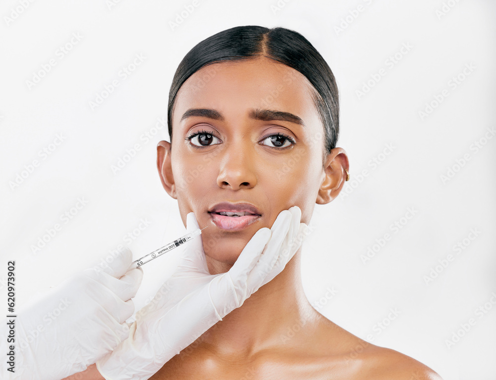 Injection, scared and portrait of woman with face filler of beauty process on white background ...
