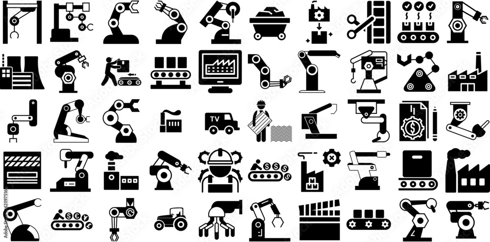 Huge Set Of Production Icons Pack Black Vector Silhouettes Process ...
