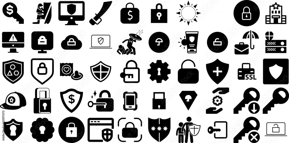 Mega Collection Of Protect Icons Bundle Solid Concept Pictograms Glove ...