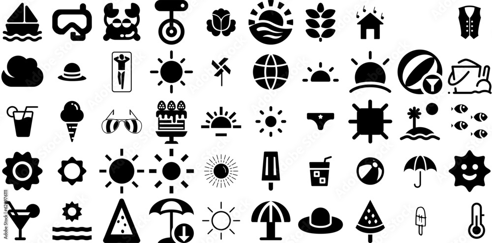 Mega Collection Of Summer Icons Set Linear Simple Pictograms Frog ...