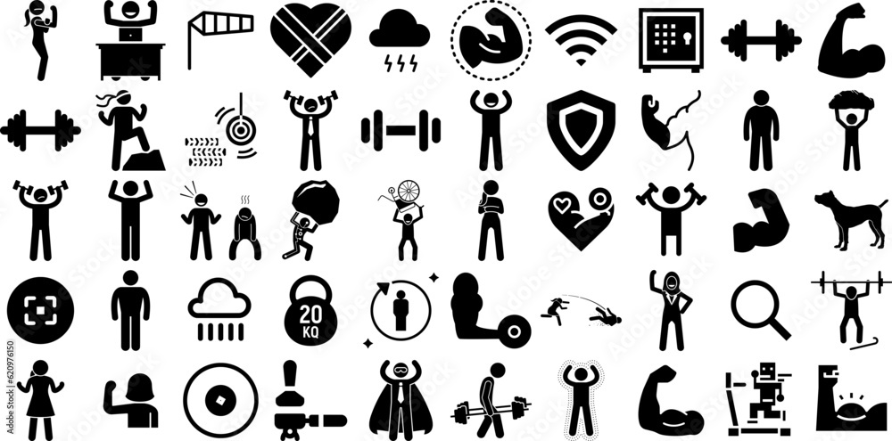Big Set Of Strong Icons Set Black Infographic Silhouettes Arm, Icon ...
