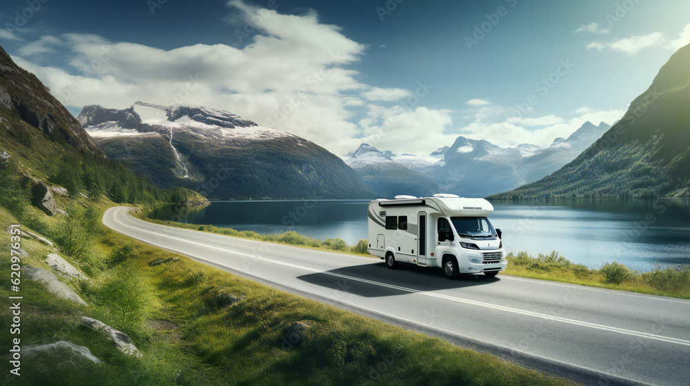 Modern motorhome driving on road, lake and mountains in background ...