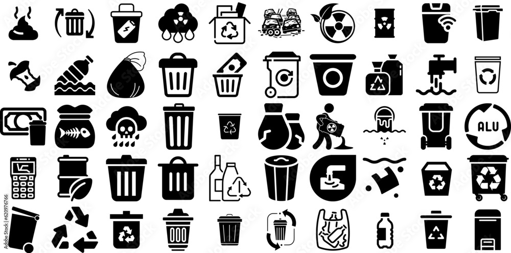 Vetor de Big Set Of Waste Icons Set Solid Drawing Symbols Scrap, Trash ...