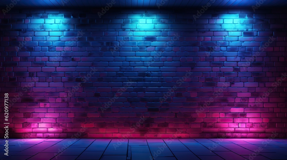 Brick wall background. Neon light on old grunge brick wall. Dark cyber ...
