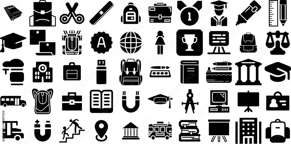Huge Set Of School Icons Collection Hand-Drawn Black Drawing Symbols ...
