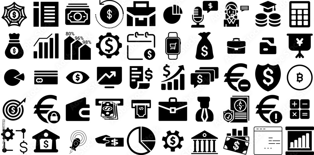 Vetor de Huge Set Of Finance Icons Pack Hand-Drawn Solid Modern Signs ...