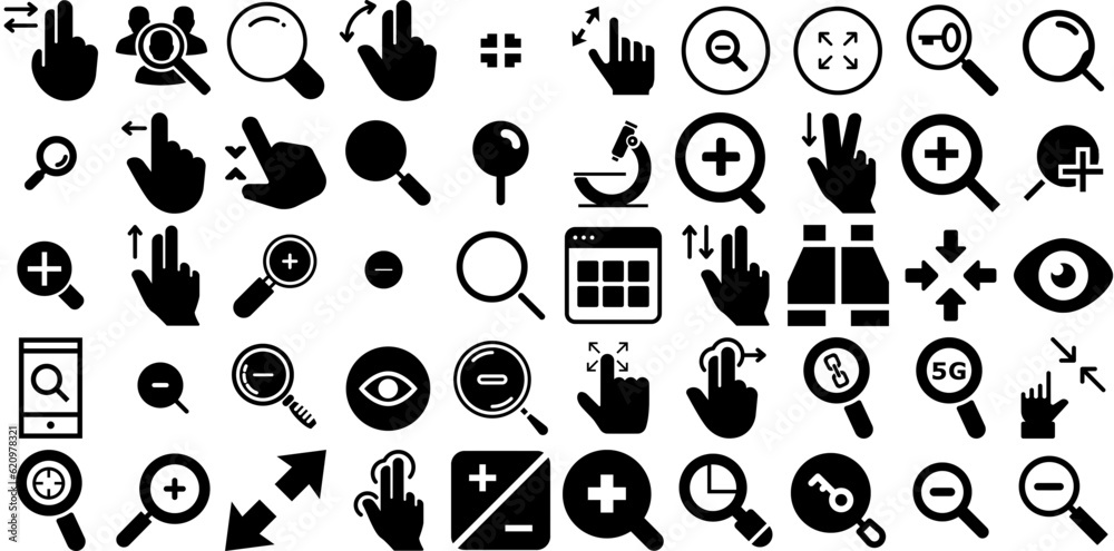 Big Set Of Zoom Icons Bundle Solid Drawing Silhouettes Magnifying Glass ...