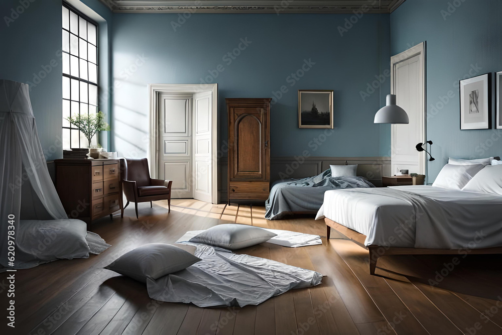 Simple bedroom interior design concept and untidy background Stock ...