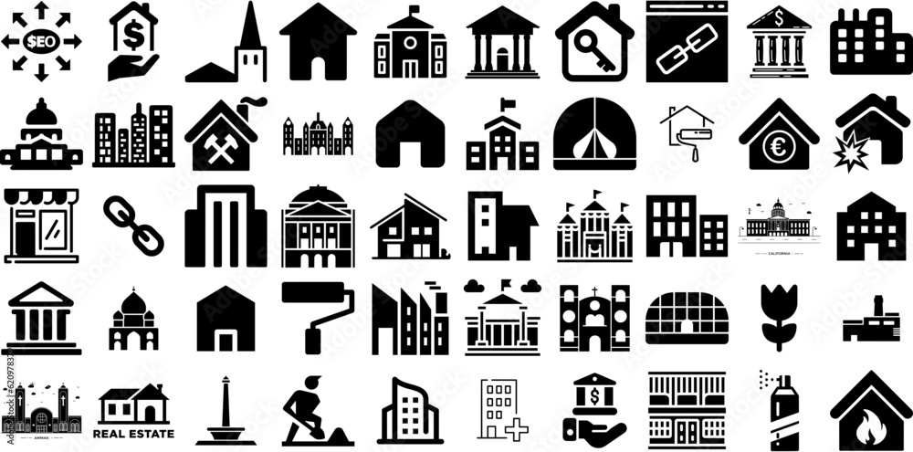 Huge Set Of Building Icons Pack Black Concept Pictograms Heavy ...