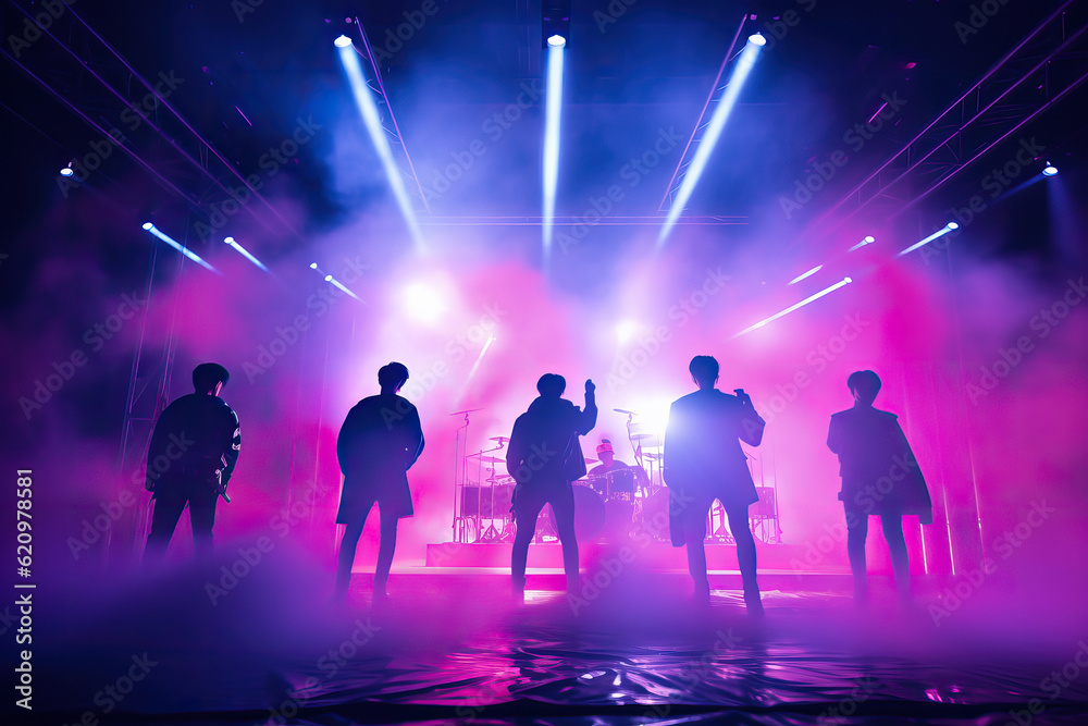 Korean K-pop band silhouette performing music on live stage in retro ...