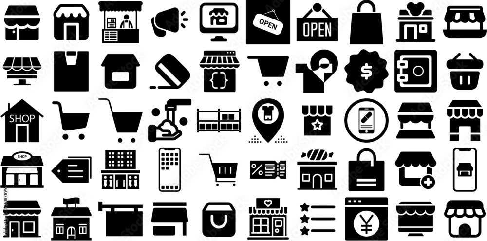 Mega Set Of Store Icons Bundle Solid Cartoon Elements Thin, Symbol ...