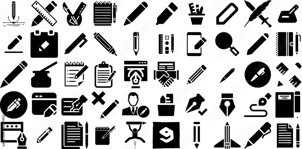 Big Set Of Pen Icons Pack Hand-Drawn Linear Simple Clip Art Silhouette ...