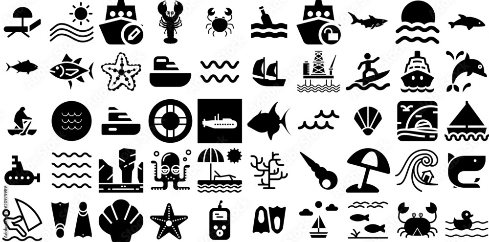 Big Set Of Sea Icons Collection Hand-Drawn Linear Simple Symbol ...