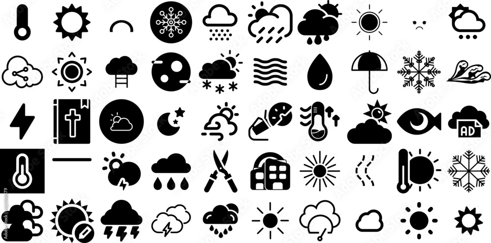 Huge Set Of Weather Icons Set Hand-Drawn Black Drawing Pictograms ...