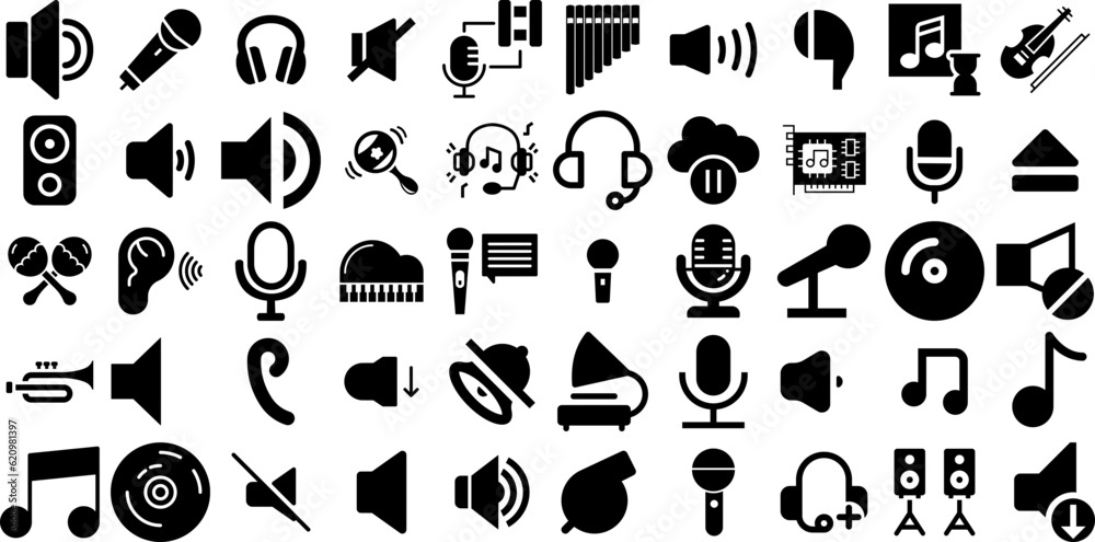 Mega Set Of Sound Icons Pack Black Design Symbol Speaker, Glyphs ...