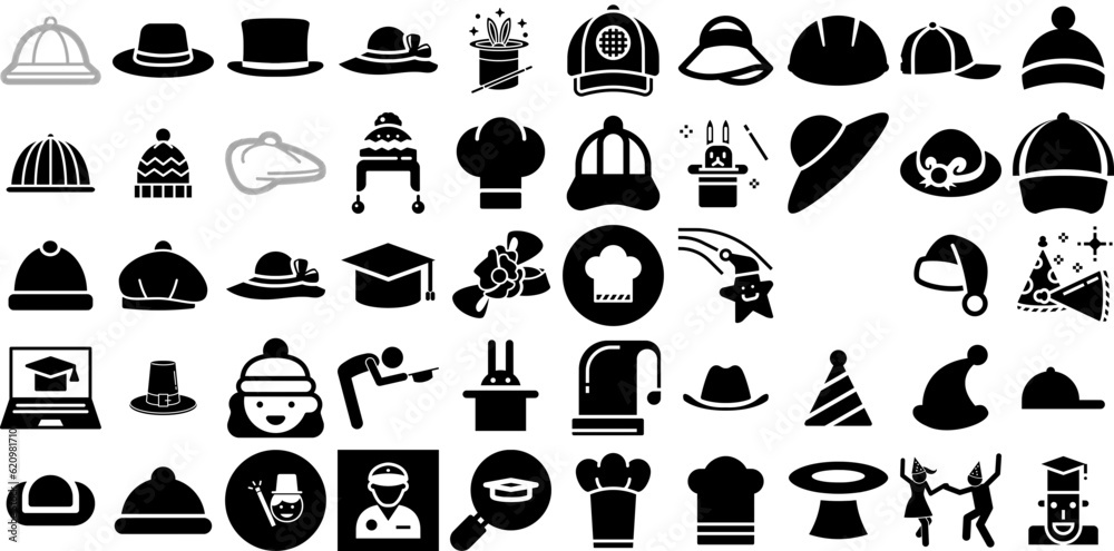 Vetor de Huge Collection Of Hat Icons Bundle Hand-Drawn Solid Modern ...