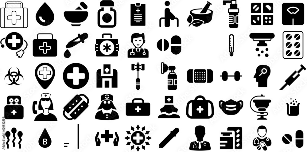 Huge Set Of Medicine Icons Pack Hand-Drawn Solid Design Silhouette ...