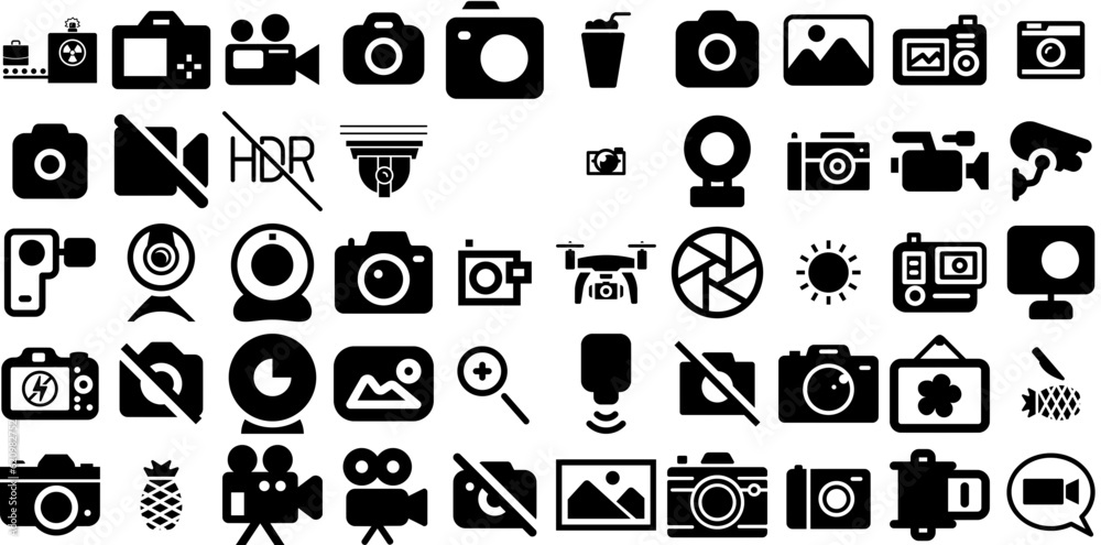 Big Set Of Camera Icons Collection Solid Drawing Symbols Silhouette ...