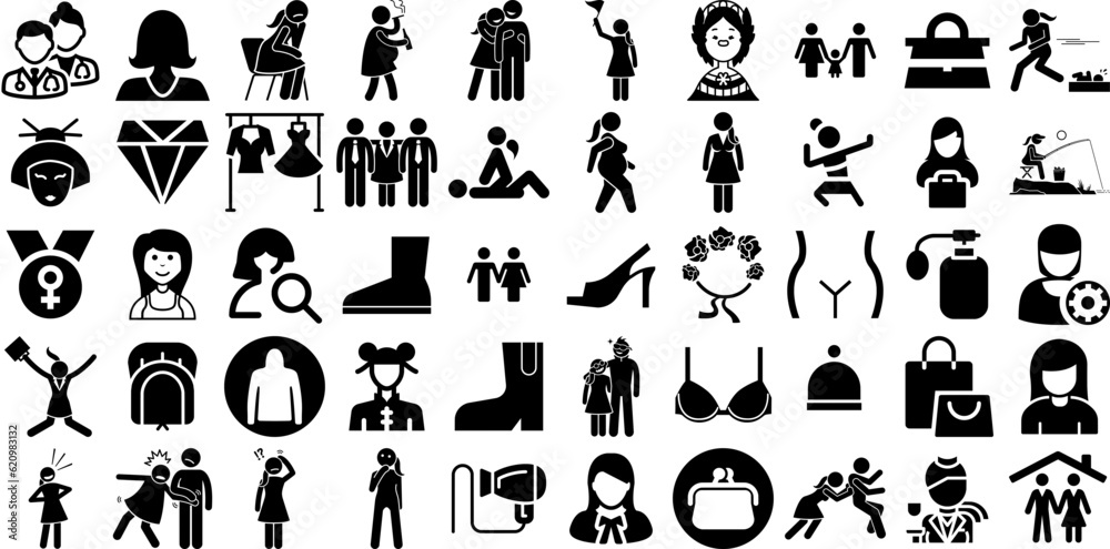 Massive Set Of Woman Icons Set Hand-Drawn Black Drawing Symbol Figure ...