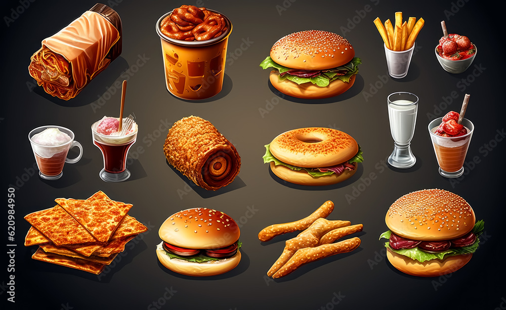 Realistic Food menu icons isolated on black or white background. Stock ...