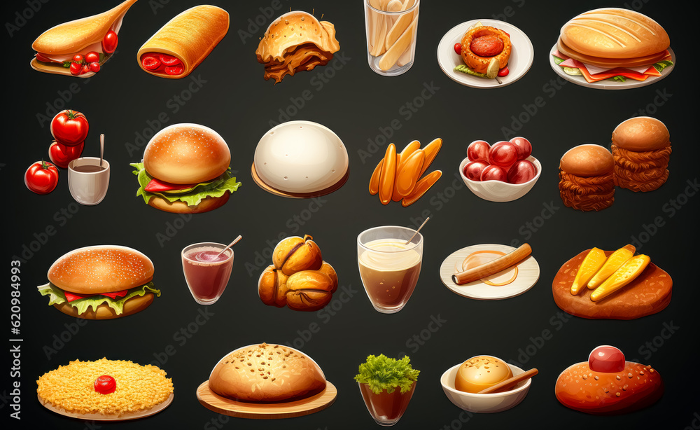 Realistic Food menu icons isolated on black or white background. Stock ...
