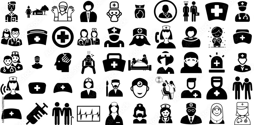 Massive Set Of Nurse Icons Collection Hand-Drawn Isolated Vector ...
