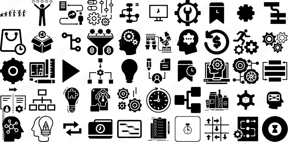 Huge Set Of Process Icons Pack Black Infographic Silhouette Algorithm ...