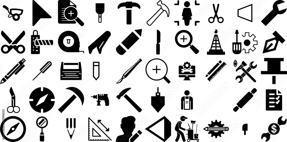 Massive Set Of Tool Icons Bundle Solid Cartoon Pictograms Set, Tool ...