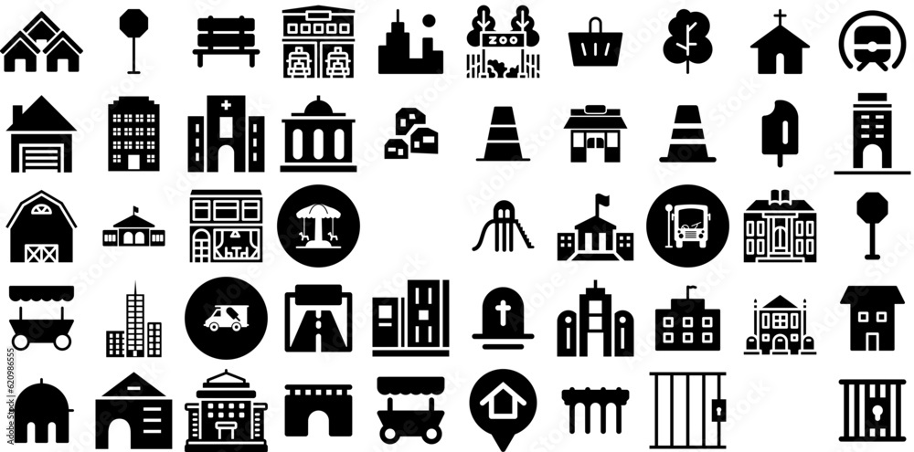 Big Collection Of Town Icons Pack Solid Modern Clip Art District ...