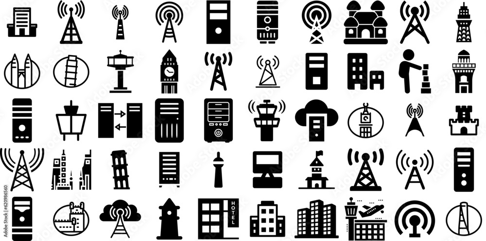 Big Set Of Tower Icons Collection Hand-Drawn Linear Infographic Symbol ...