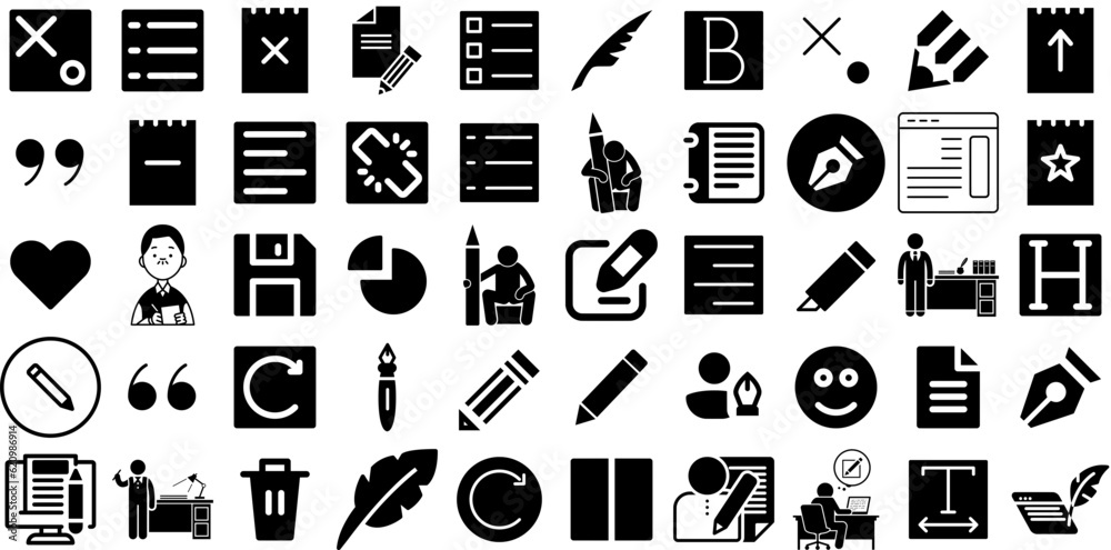 Huge Set Of Writer Icons Collection Hand-Drawn Isolated Cartoon Symbols ...