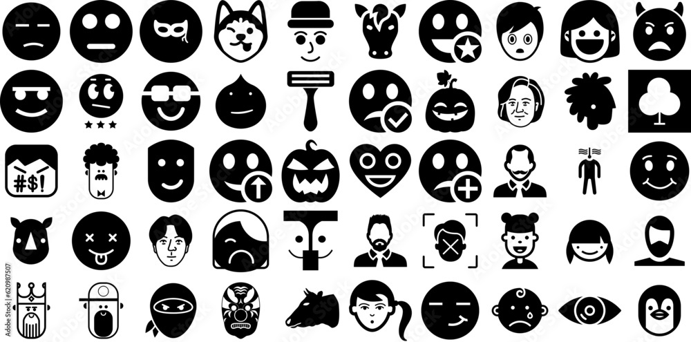 Big Set Of Face Icons Bundle Black Vector Signs Profile, Silhouette ...