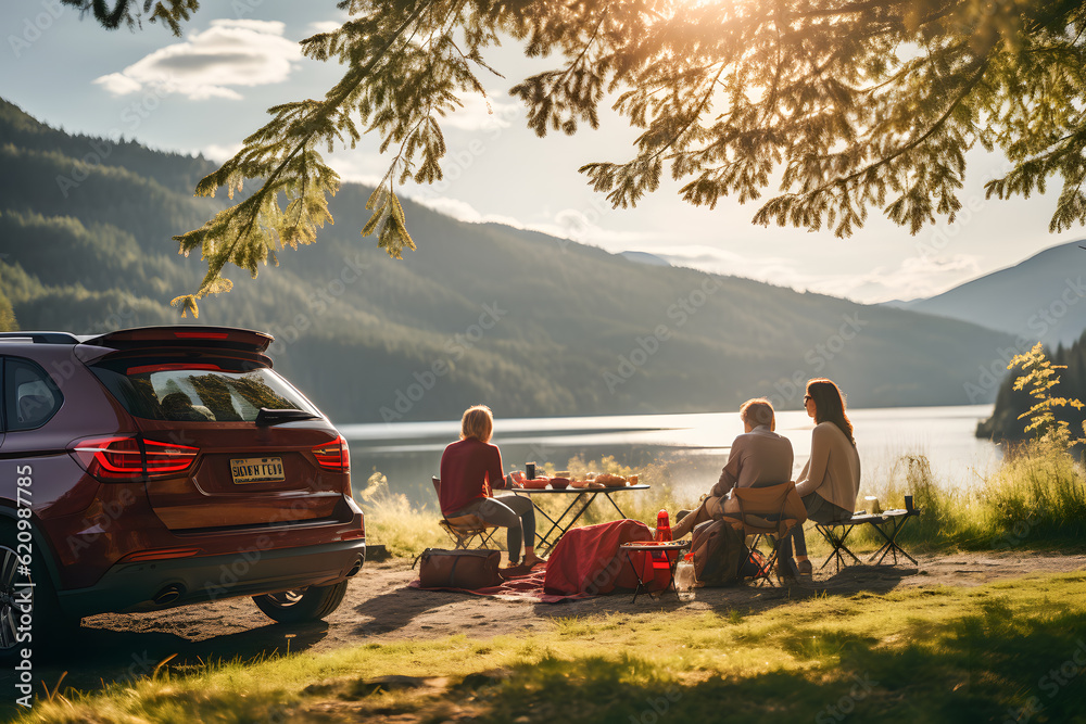 group of friends enjoying a road trip picnic by their parked cars ...