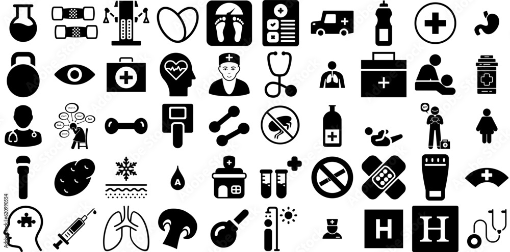 Vetor de Huge Set Of Health Icons Collection Hand-Drawn Black Modern ...