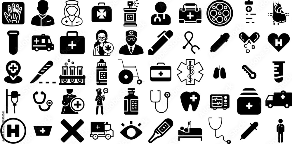 Mega Collection Of Hospital Icons Set Hand-Drawn Solid Infographic ...