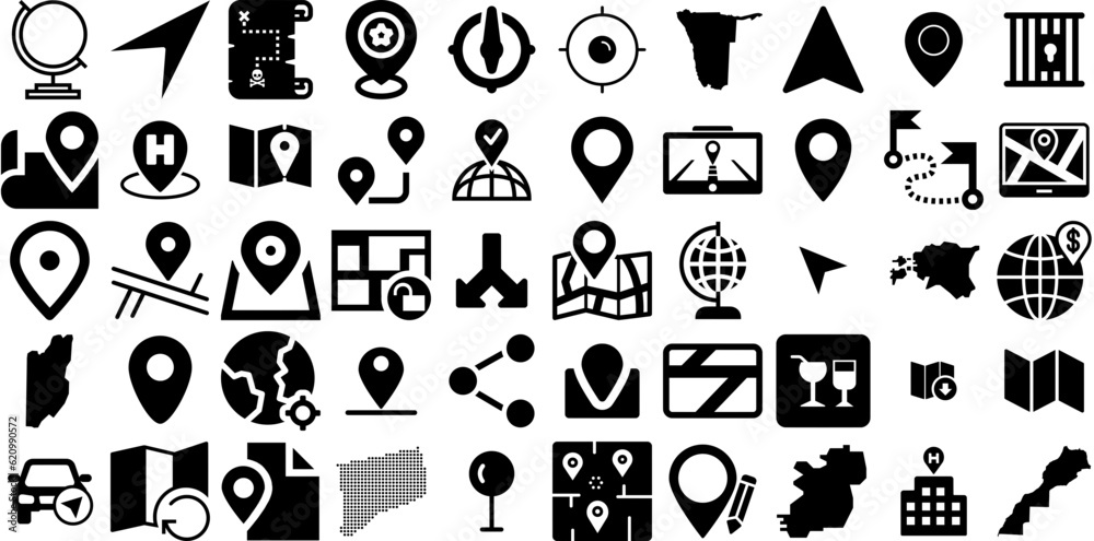 Massive Set Of Map Icons Collection Hand-Drawn Linear Drawing ...