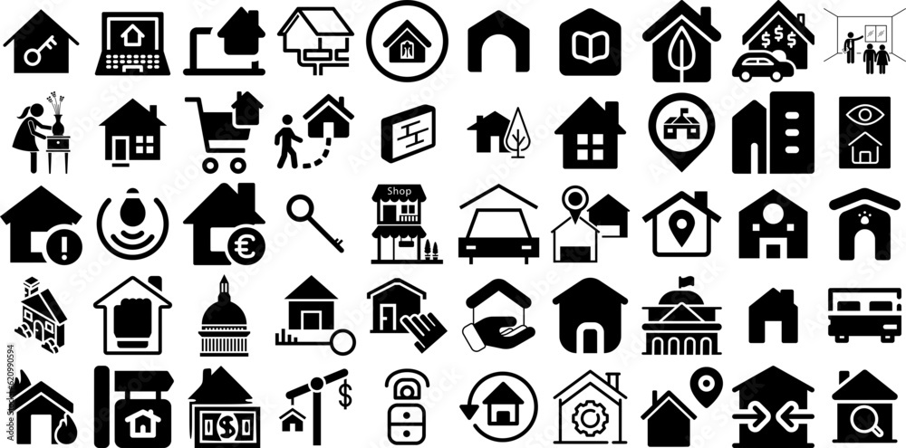 Huge Set Of House Icons Pack Flat Concept Pictograms Silhouette, Roof ...