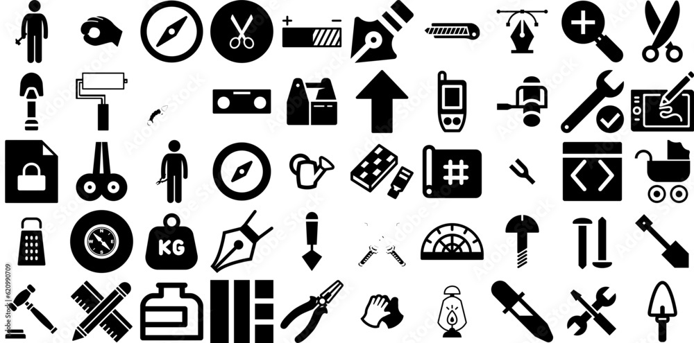 Mega Collection Of Tool Icons Pack Hand-Drawn Linear Vector Glyphs Engineering, Trimming, Set ...