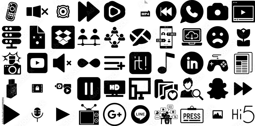Vetor de Huge Collection Of Media Icons Set Hand-Drawn Solid Design ...