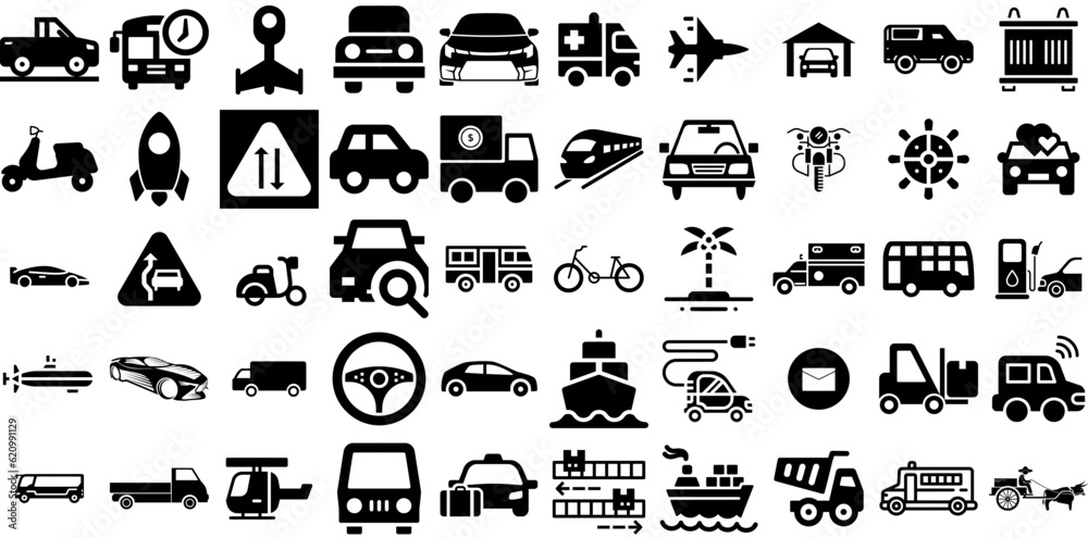 Big Collection Of Transportation Icons Bundle Hand-Drawn Black ...