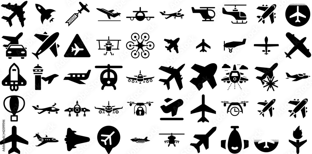 Mega Set Of Aircraft Icons Bundle Solid Drawing Silhouettes Ship, Icon ...