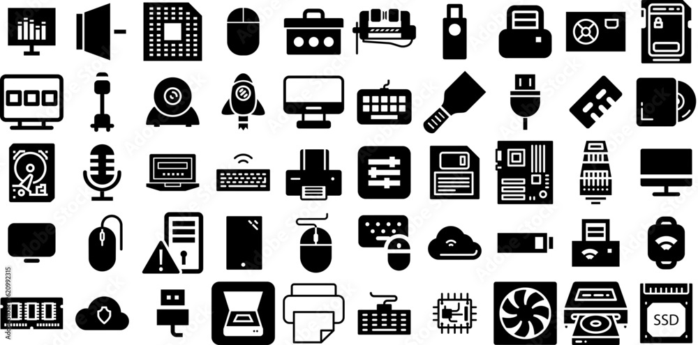 Mega Collection Of Hardware Icons Set Flat Drawing Silhouettes Service ...