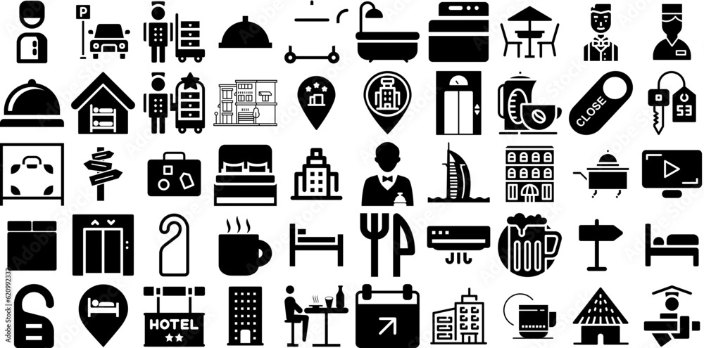 Big Set Of Hotel Icons Set Hand-Drawn Black Cartoon Silhouettes Holiday ...