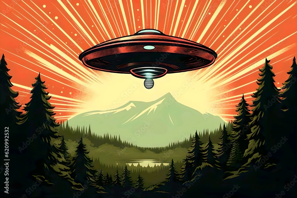 ufo in the forest. ufo flying over the forest. Vector illustration in ...