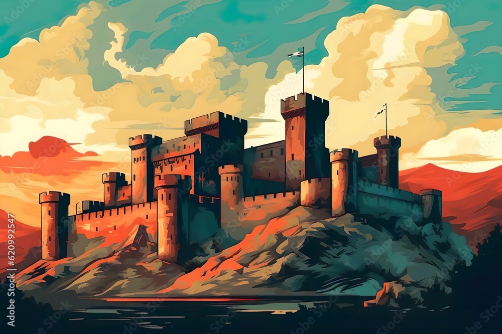 castle in the mountains. Vector illustration in pop art retro comics ...