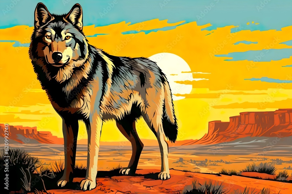 wolf in the desert. Vector illustration in pop art retro comics style ...