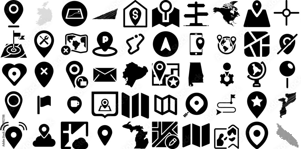 Mega Set Of Map Icons Collection Hand-Drawn Isolated Infographic Clip ...
