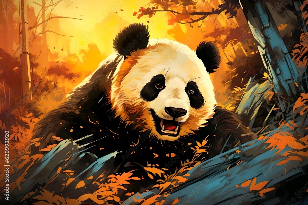 giant panda in the forest. Vector illustration in pop art retro comics ...