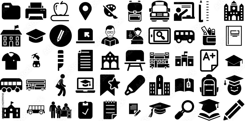 Mega Set Of School Icons Bundle Hand-Drawn Solid Cartoon Symbol Set ...