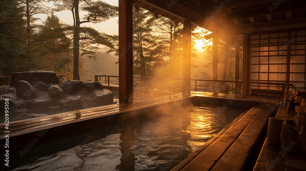 Traditional Japanese village hot springs during sunrise. Amazing empty ...